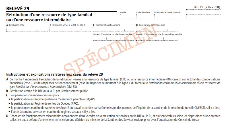 Relevé 29 – Rétribution d'une ressource de type familial ou d'une ressource intermédiaire
